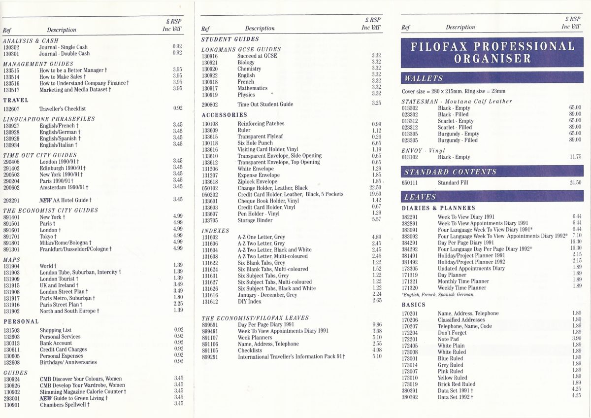 FF Consumer Price List 1991 Page 6-8 – Filofax Catalogue Archive